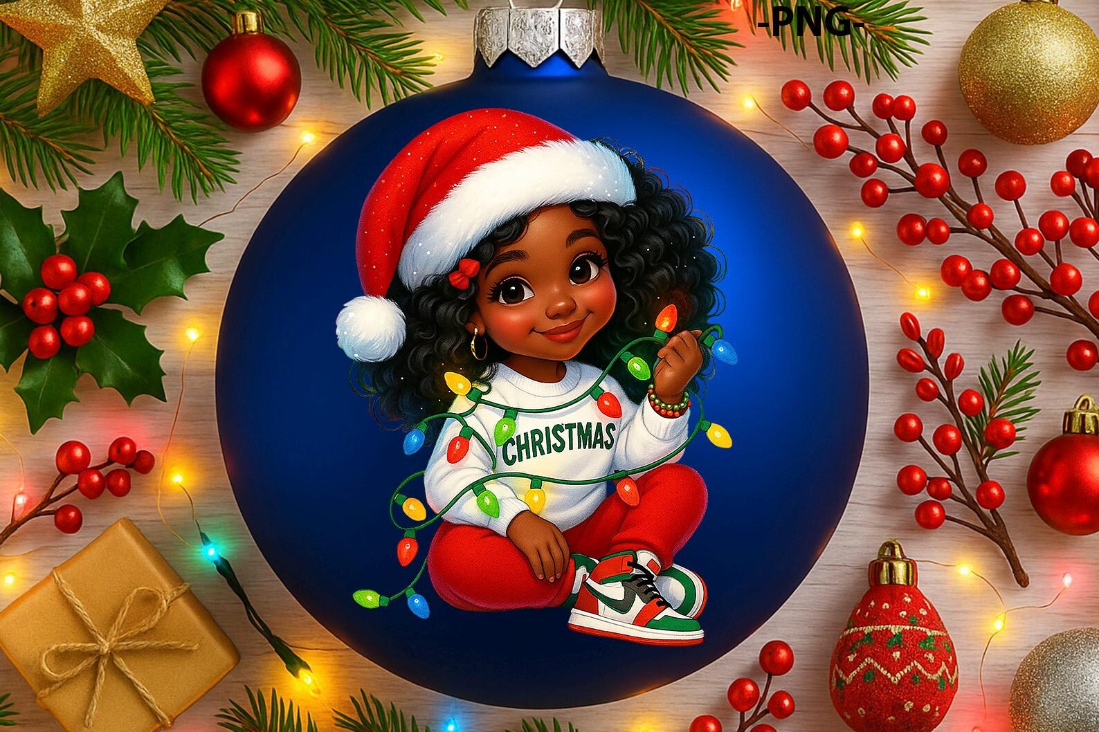 Christmas Black Girl PNG, Santa Hat, Holiday Lights Clipart (digital ...