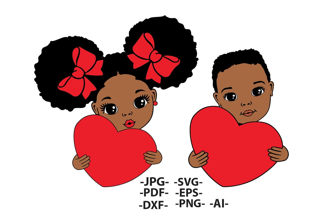 Afro Valentine Kids SVG Bundle: Black Girl & Boy Heart Clipart (digital ...