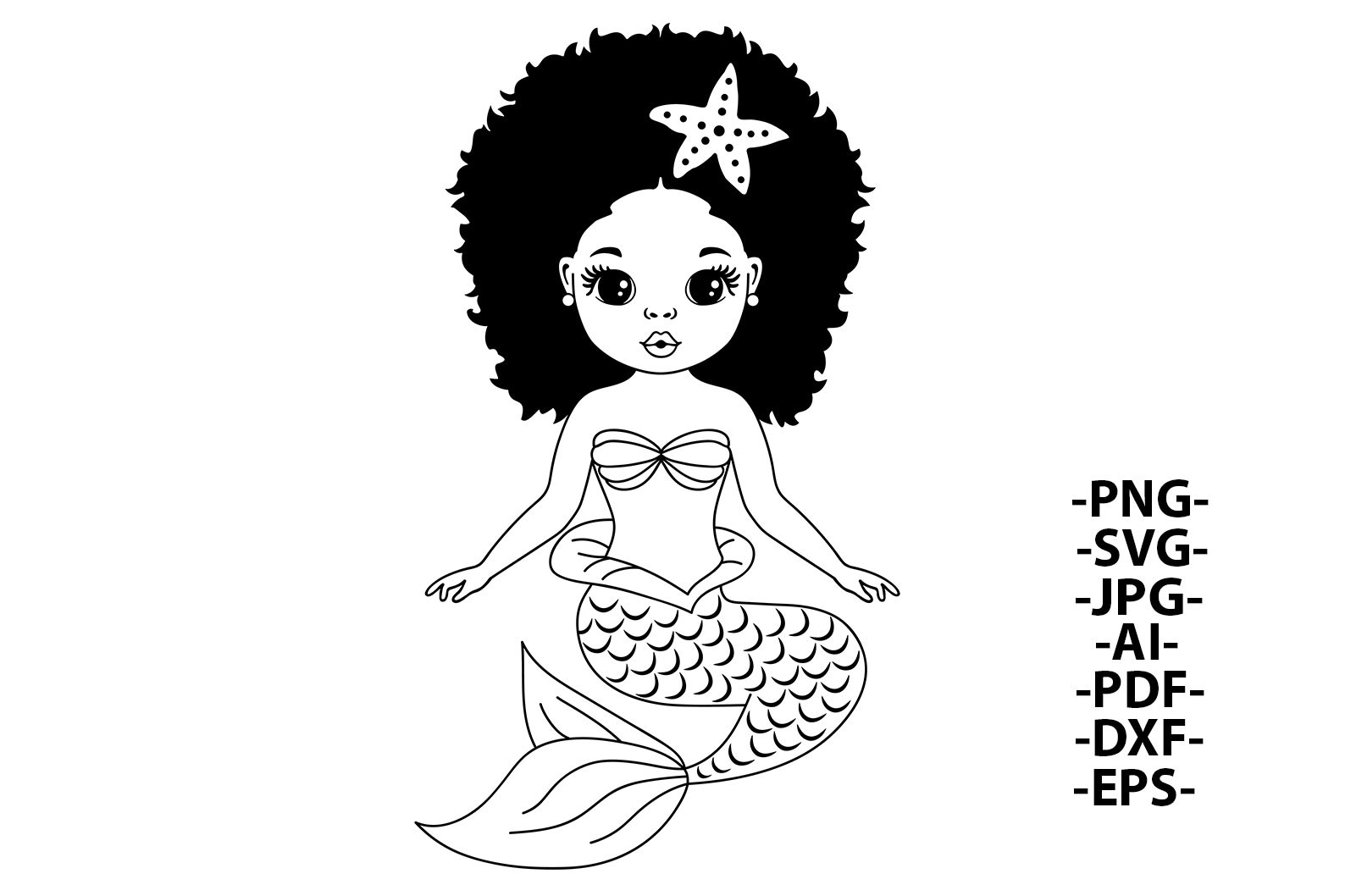 Afro Mermaid SVG Bundle: Black Woman Clipart, Outline Art (digital ...