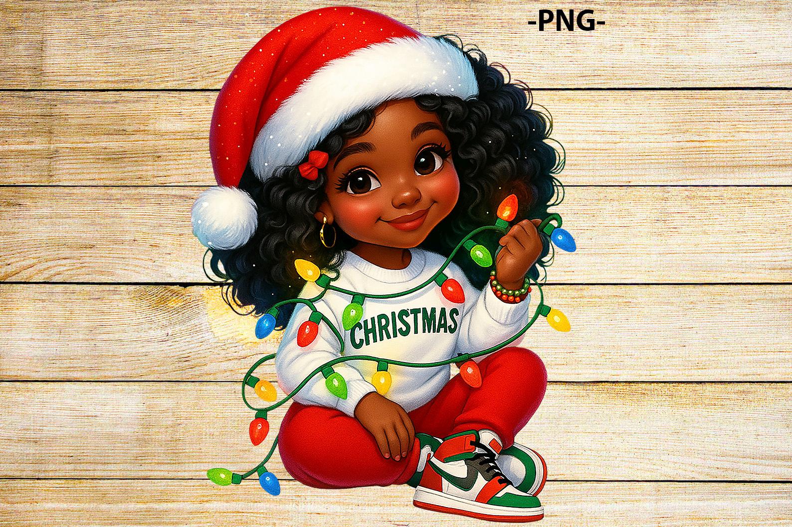 Christmas Black Girl PNG, Santa Hat, Holiday Lights Clipart (digital ...