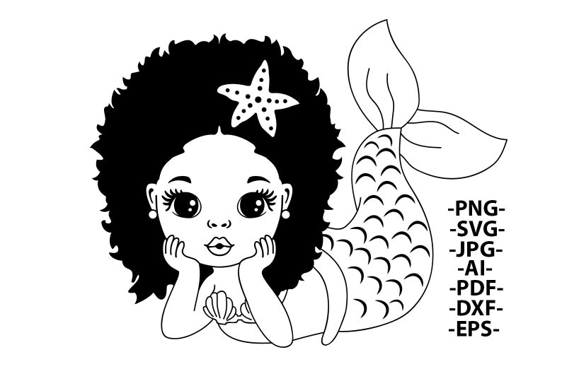 Afro Mermaid SVG Bundle: Black Woman Clipart, Outline Art (digital ...
