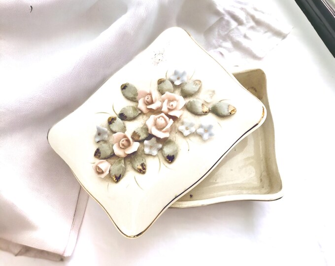 Gift Trinket Box Porcelain With Applied Pink Rose Decor 5' X 4" by ...