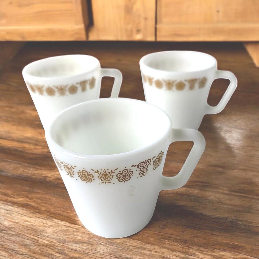 Pyrex Corning Corelle Butterfly Gold Set of 3 D Handle Coffee Mugs Cups ...