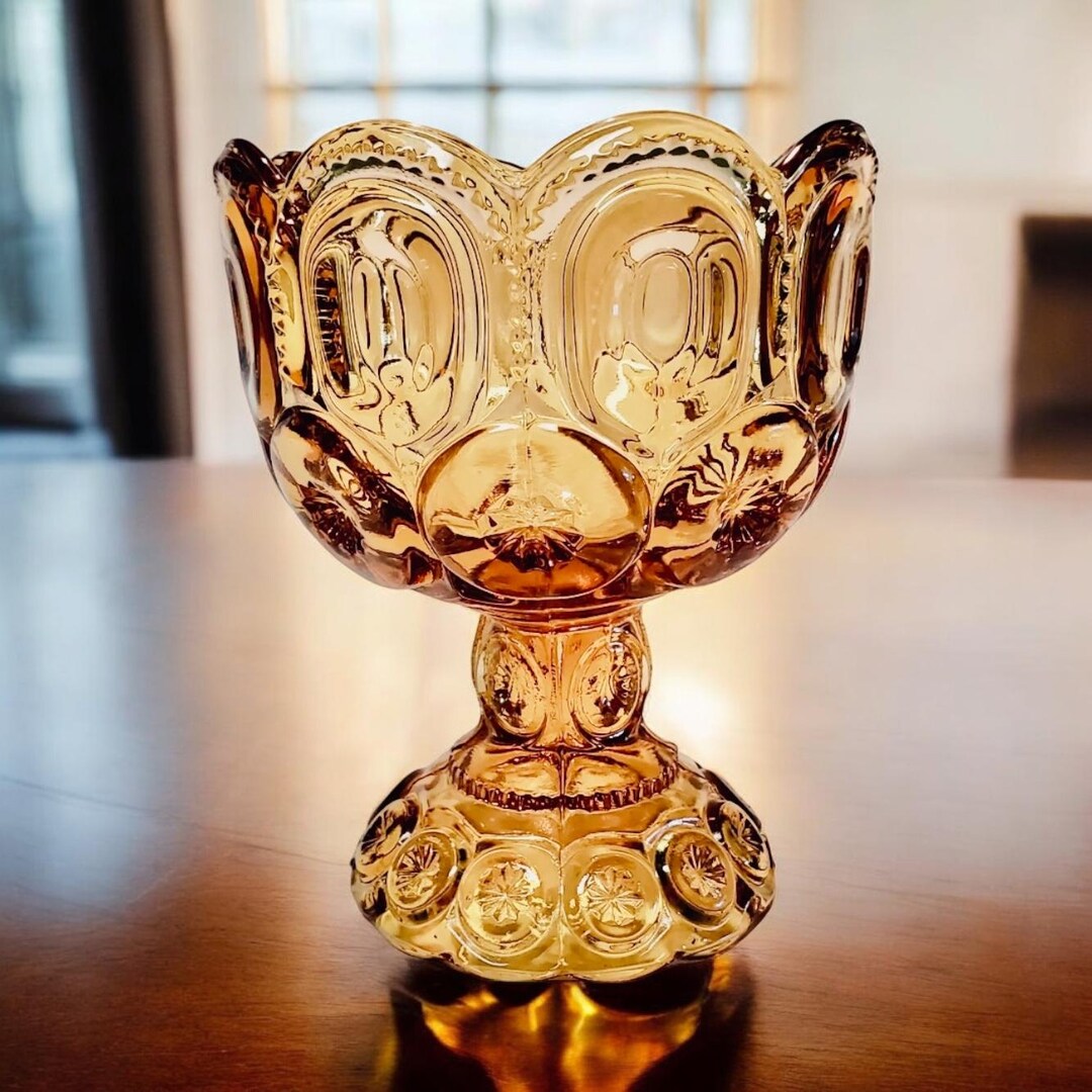 L.E. Smith Moon & Stars Amber Compote Candy Dish 1960's - Etsy