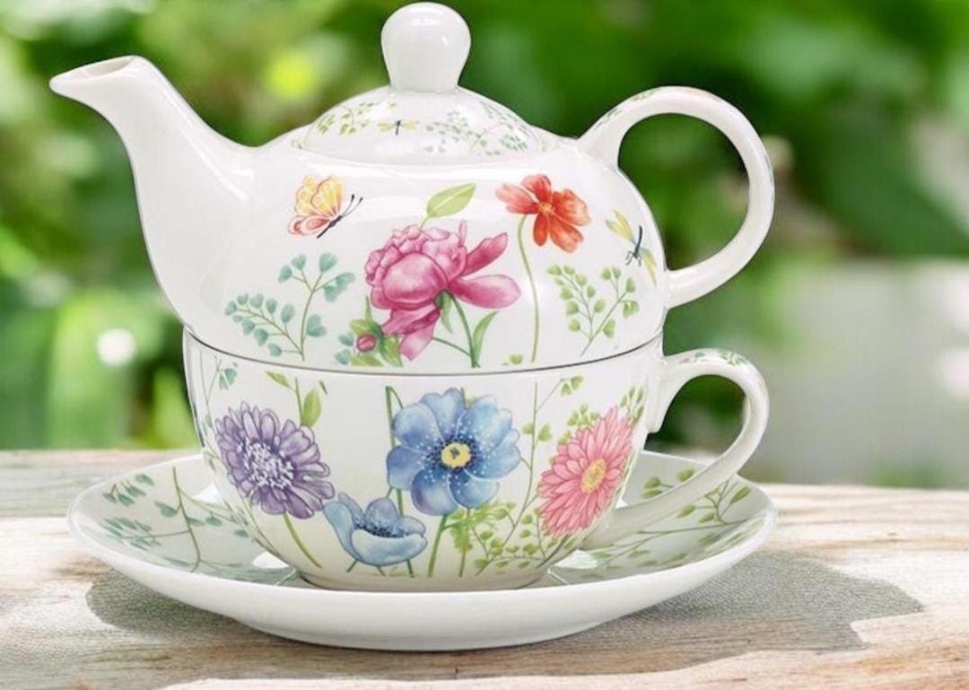 Burton & Burton Teapot Stacked Mixed Blooms and Greenery Tea Set, Tea ...