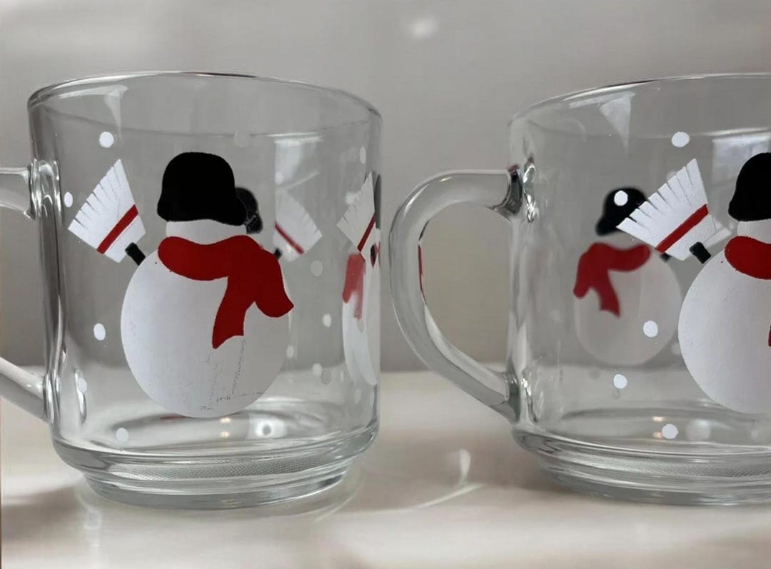 Set of 4 Glass Mugs Crate and Barrel Luminarc Snowmen With Brooms 1980 ...