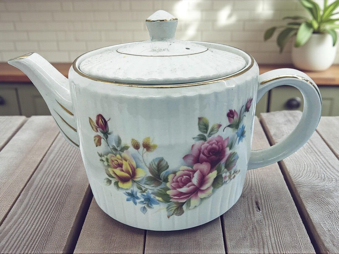 Ellgreave Ironstone Teapot by Wood & Sons, 6", Ribbed Design, Floral ...