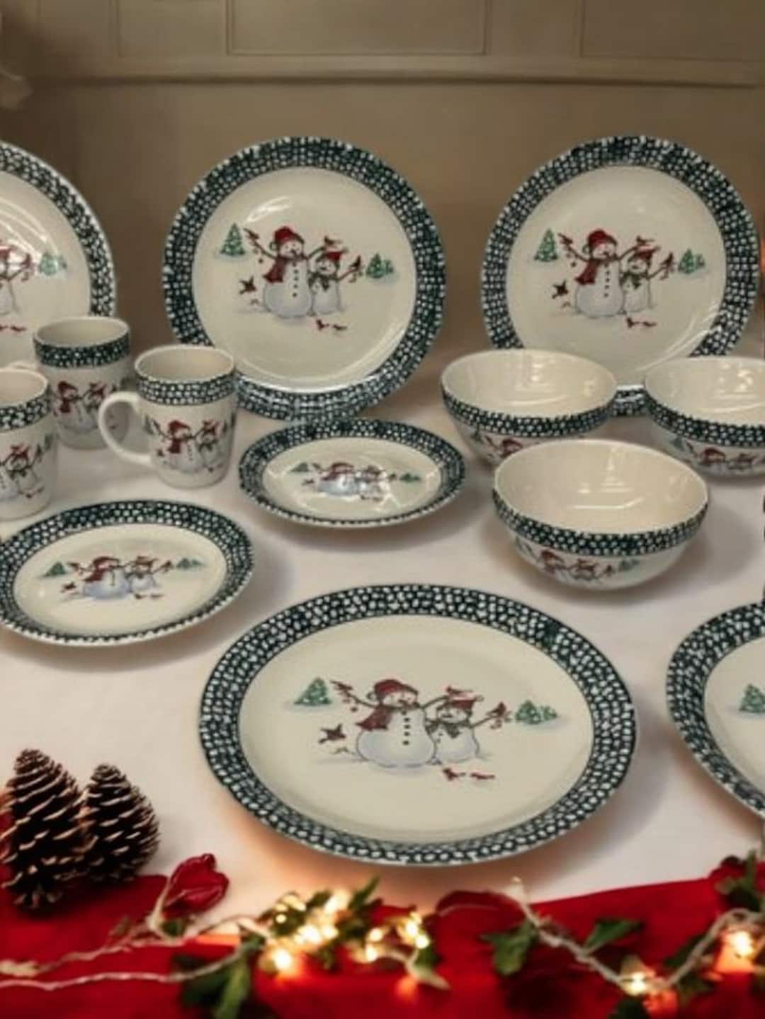 Set of 16 Snowman Green Spongeware Dinnerware Set Service for 4 by ...