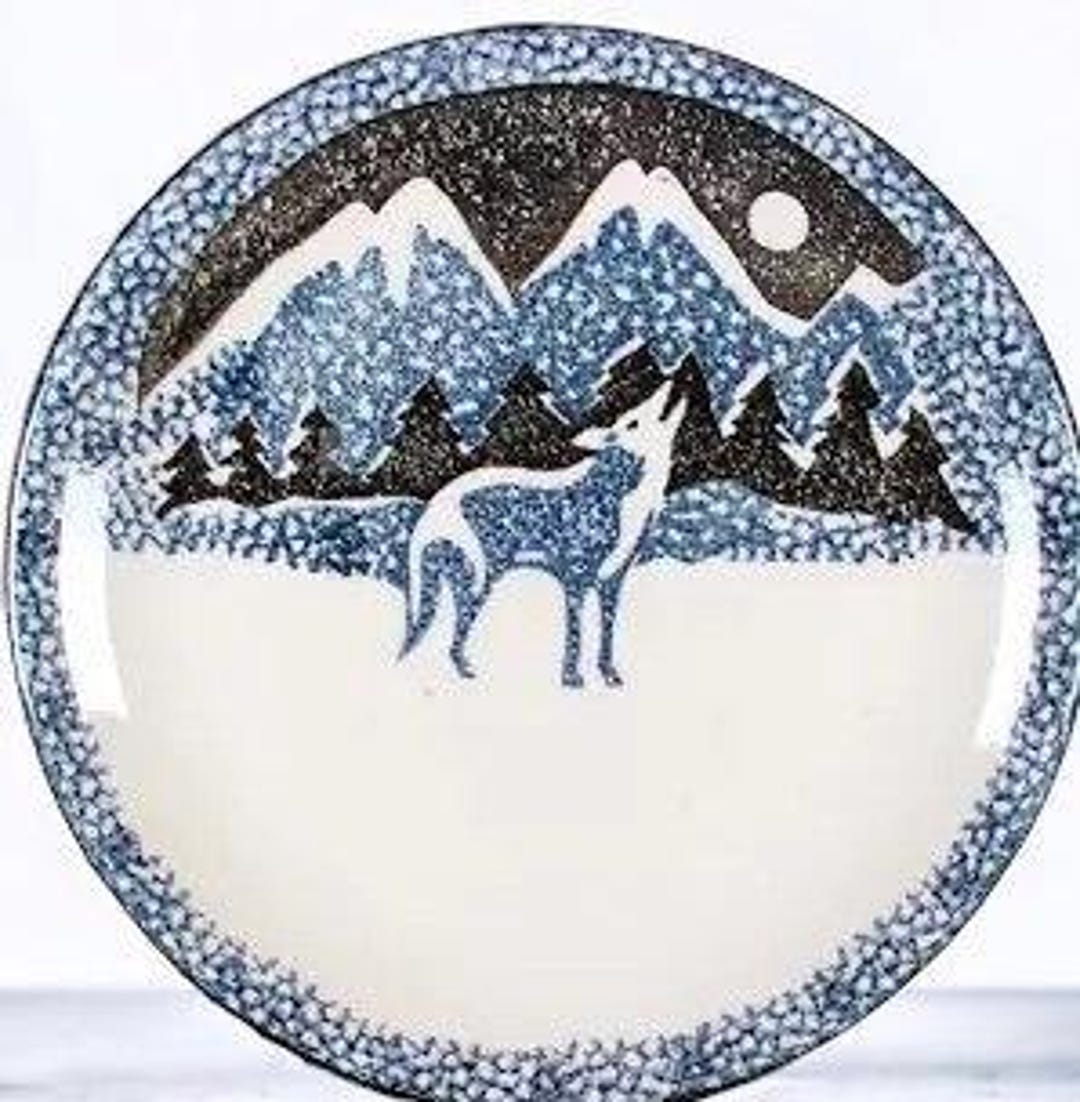 Set of 2 Tienshan Folkcraft WOLF Dinner Plate 10" Blue Sponge Pattern ...