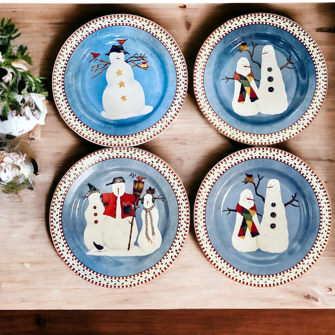 Set of 4 Salad Plates Blue Christmas Snowman Set Various Snowman ...