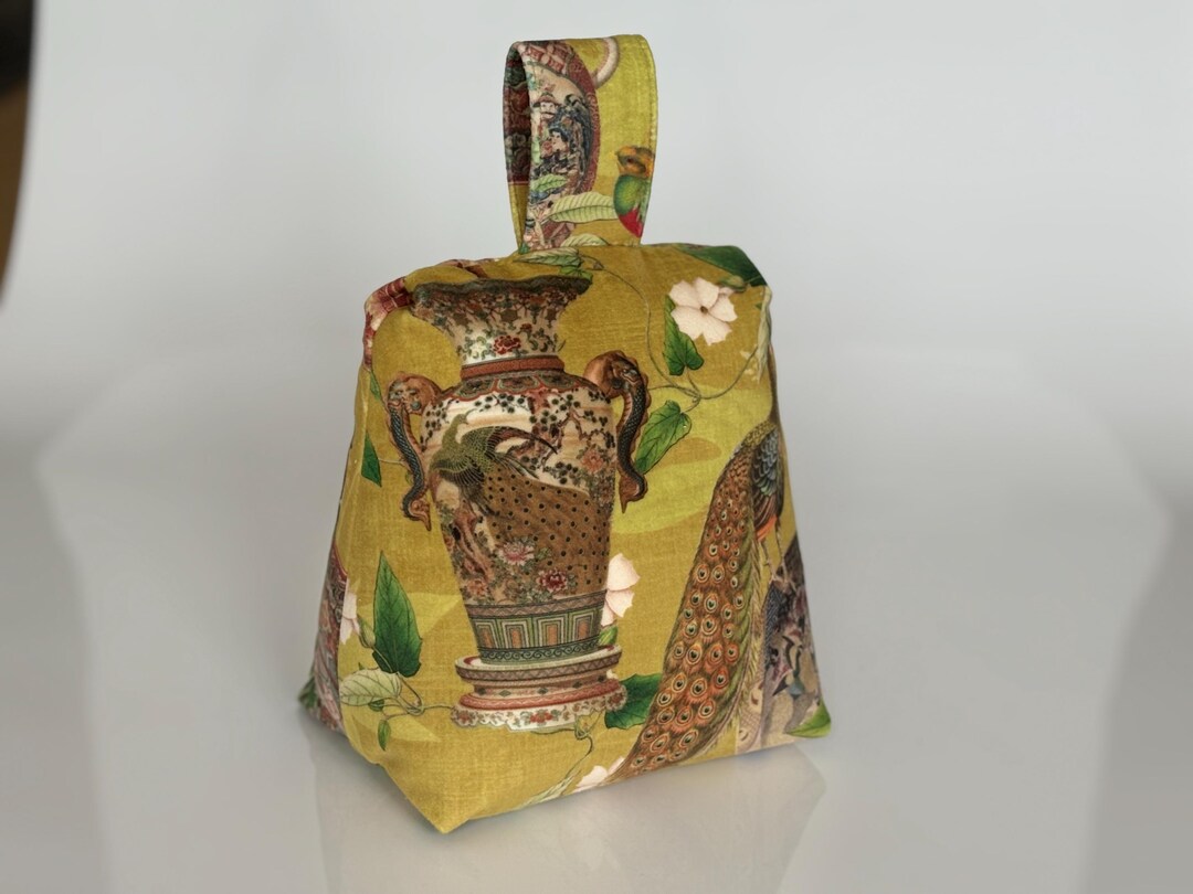 Chinoiserie Style Velvet DOOR STOP Chartreuse Lime Vases Birds Striking ...