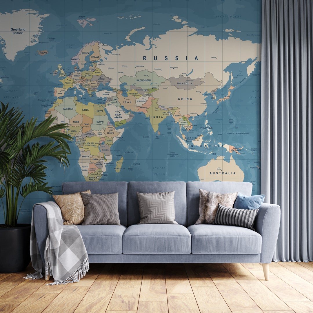 Blue Large World Map Wallpaper, World Map, Wallpaper Decal, World Map ...