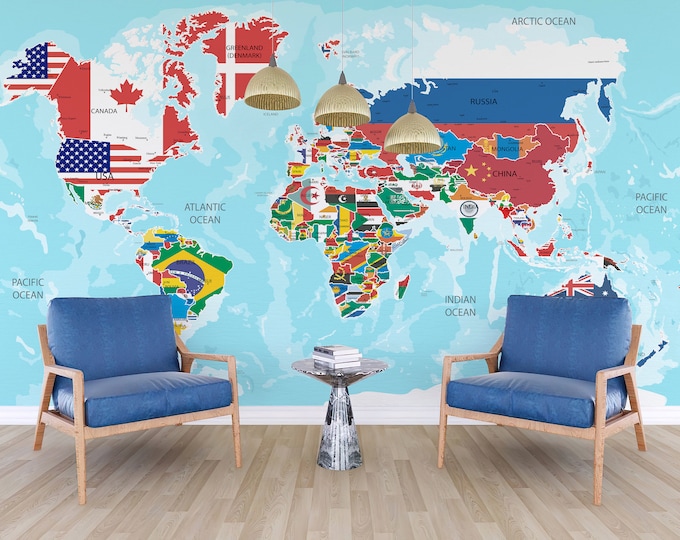 Countries Map and Flags Wallpaper, World Map Removable Wallpaper ...