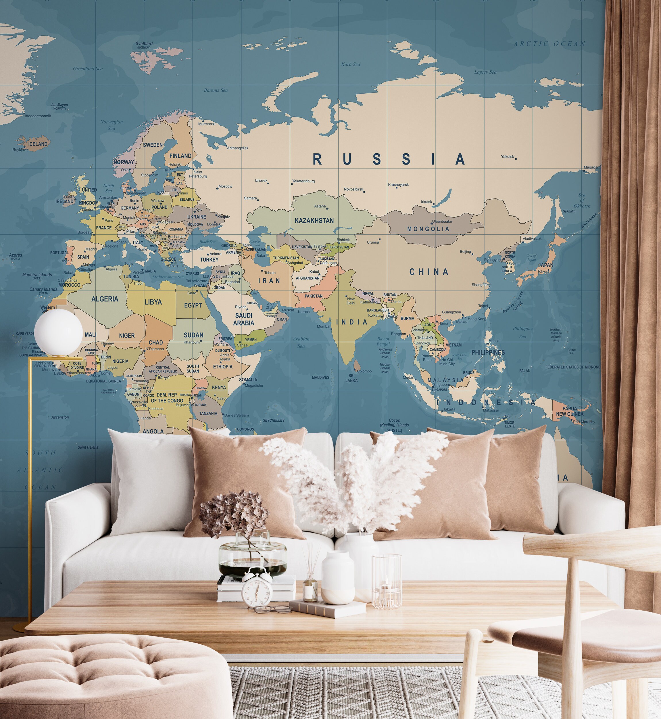 Blue Large World Map Wallpaper, World Map, Wallpaper Decal, World Map ...