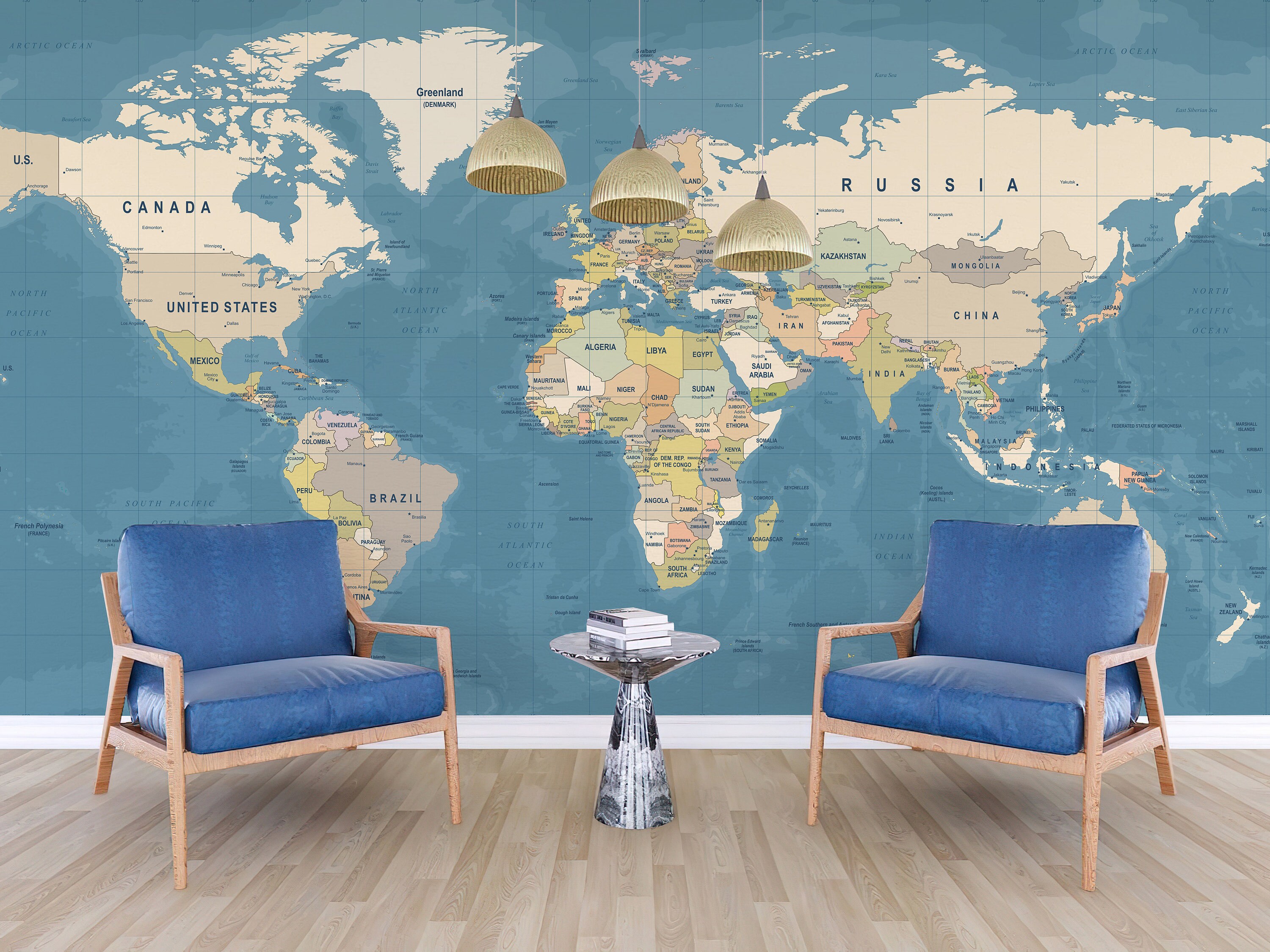 Blue Large World Map Wallpaper, World Map, Wallpaper Decal, World Map ...