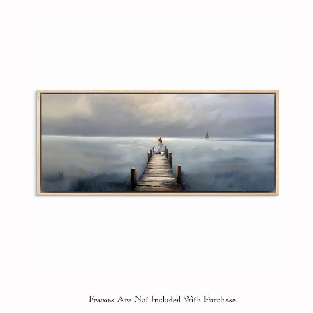 Female Figure Looking Out Over Ocean Dock | Deep Blue Hues | Panoramic ...