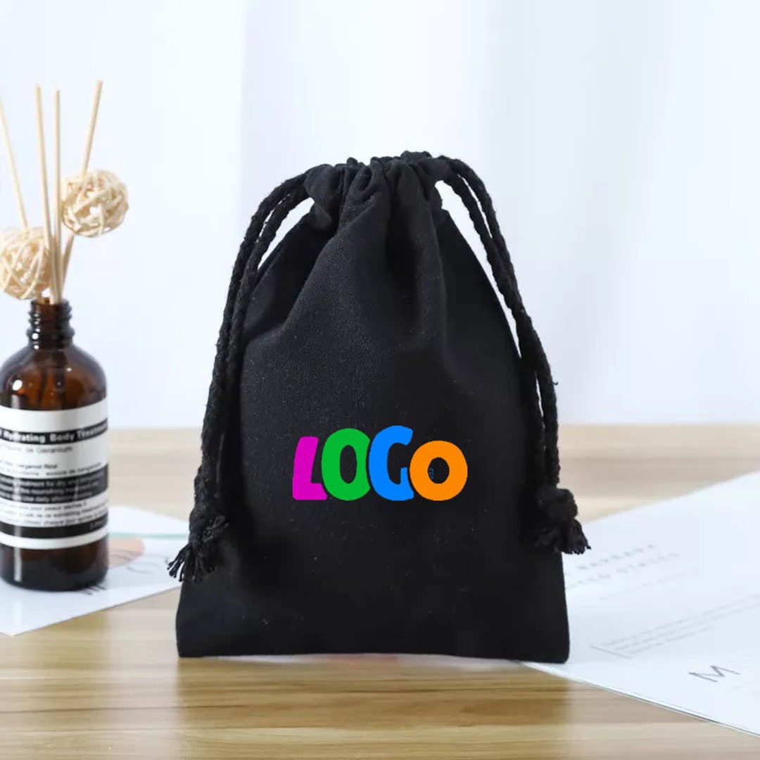 100 Black Cotton Drawstring Bags, Small Cotton Bag, Custom Black Logo ...