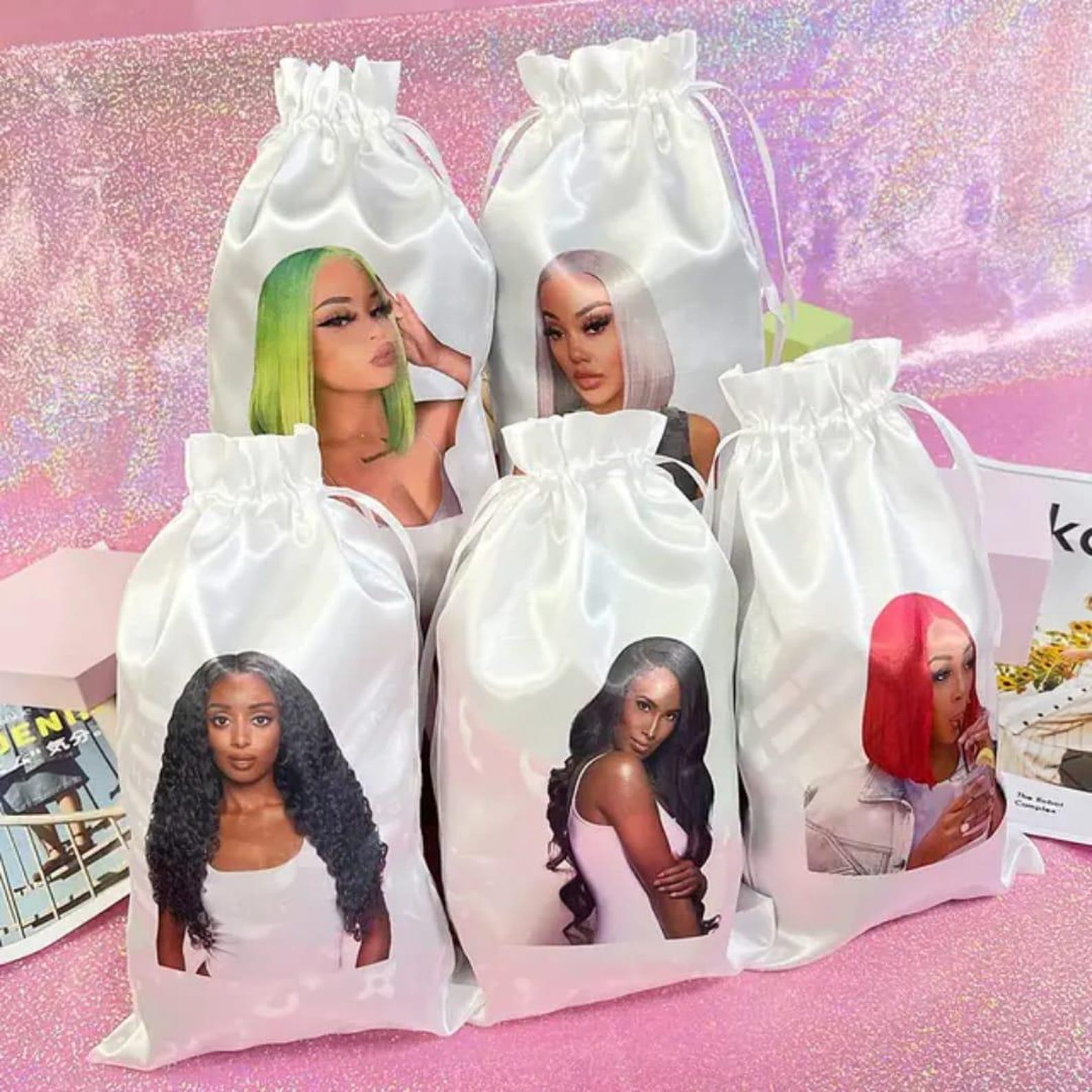 Custom Logo Satin Drawstring Bags, Virgin Hair Packaging - Etsy
