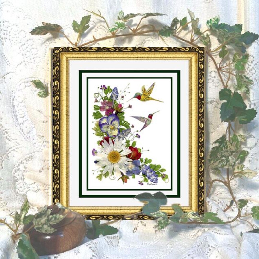 Pressed Flower Art: Charleston Garden Floral Giclee -hummingbird ...