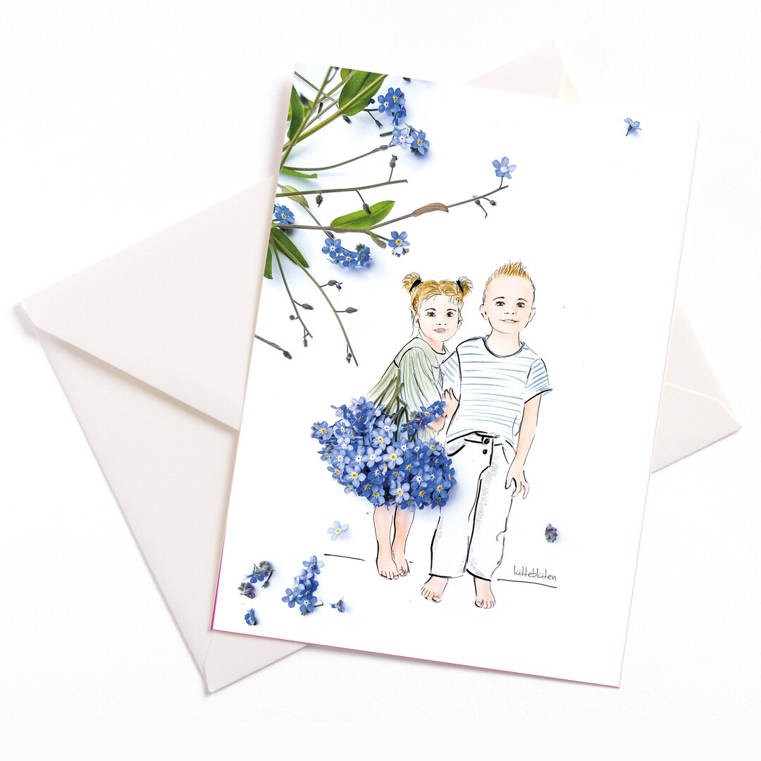 Hand-illustrated Card forget-me-not Color Core and Envelope ...