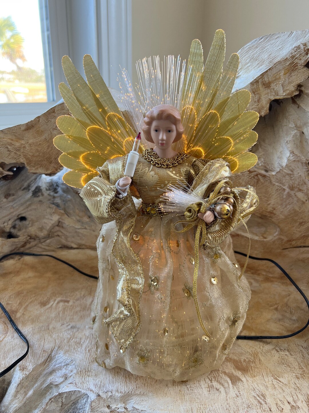 Metallic Gold Fiber Optic Porcelain Angel Table Top Decor Moving and ...