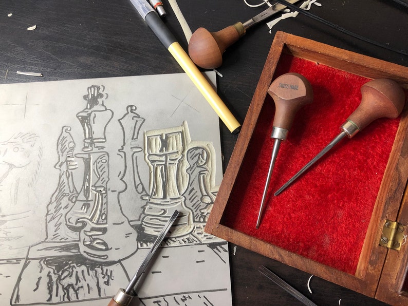 Original Handmade Linocut Print, Chess Set, 'make Your Move' - Etsy