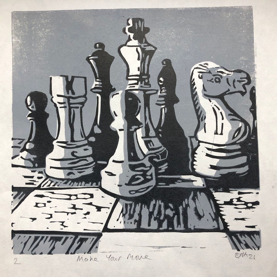 Original Handmade Linocut Print, Chess Set, 'make Your Move' - Etsy
