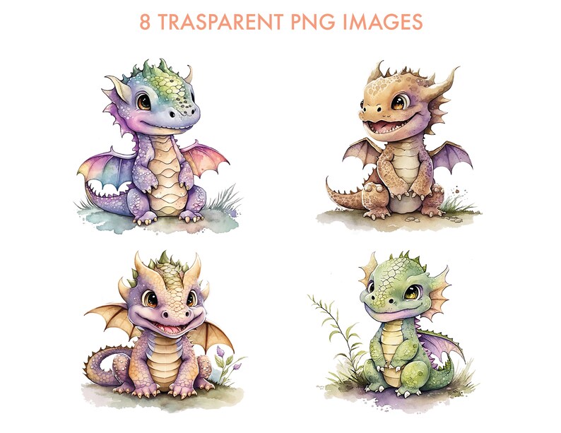 Watercolor Dragons Clipart Bundle, Cute Dragon Clipart, Cute Baby ...