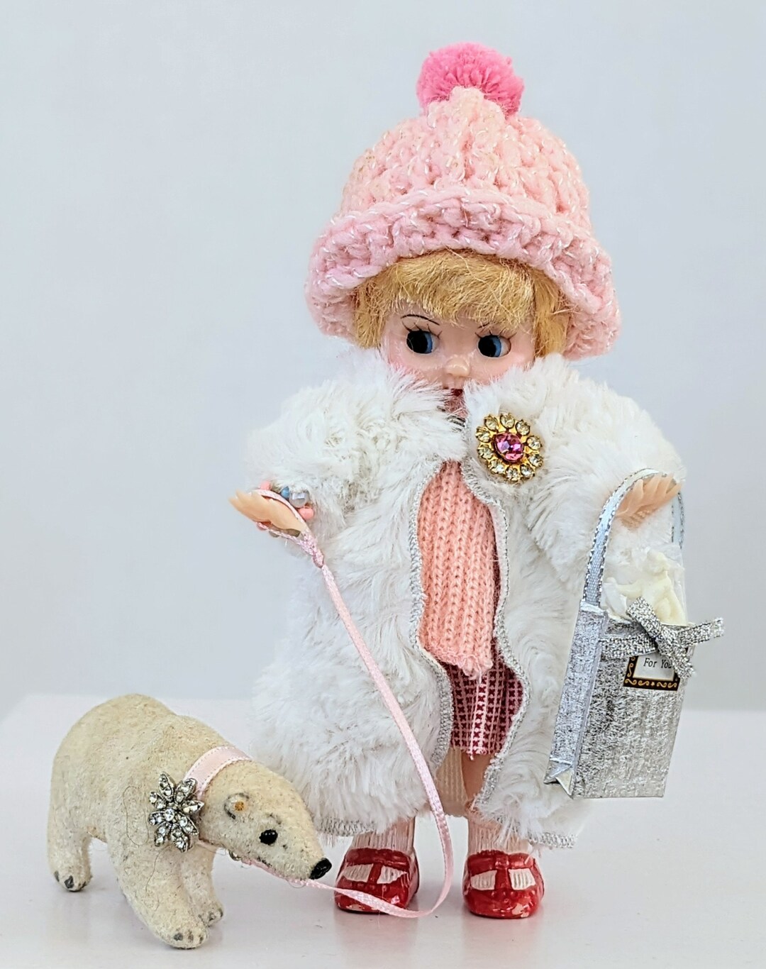 Small Vintage Kewpie Doll Reimagined for Winter Wearing a Removable Fur ...