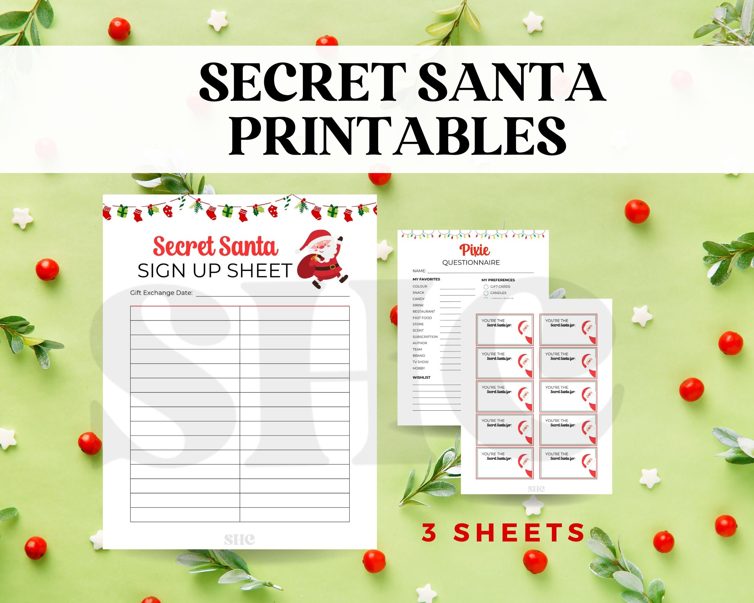 Secret Santa Questionnaire Kit Printable Holiday Gift Exchange ...