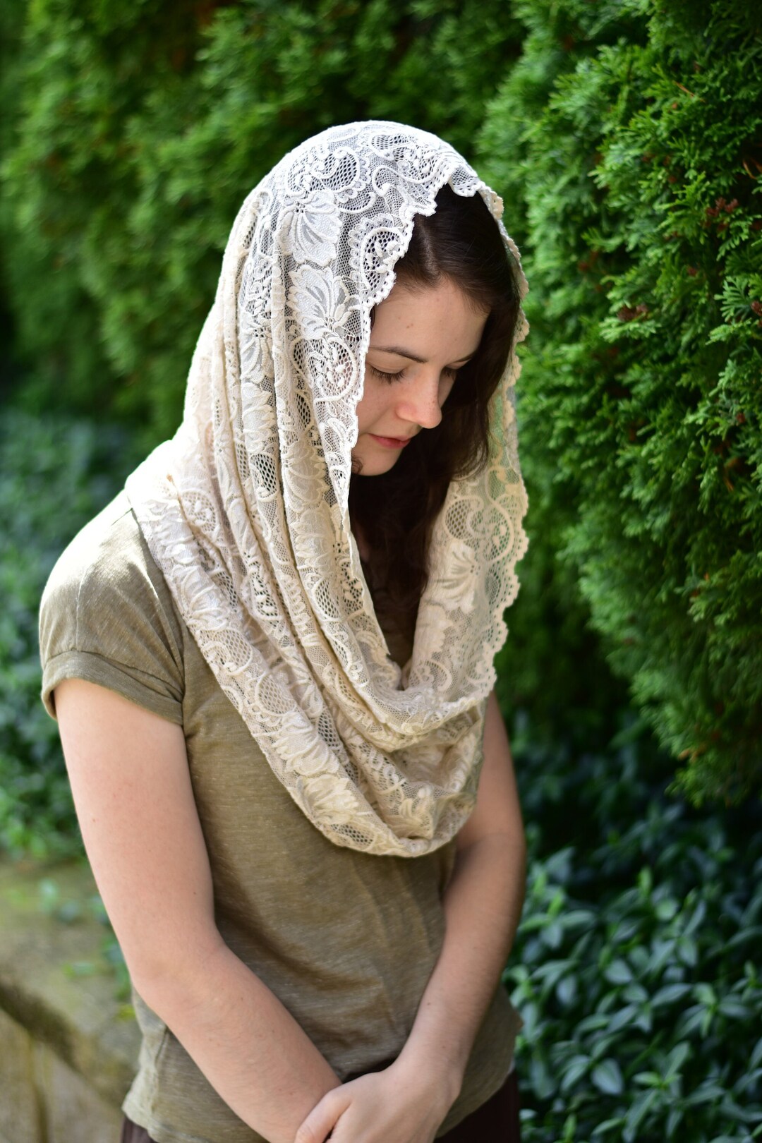 Beige Stretch Lace Infinity Veil - Headcovering - Headscarf - Chapel ...