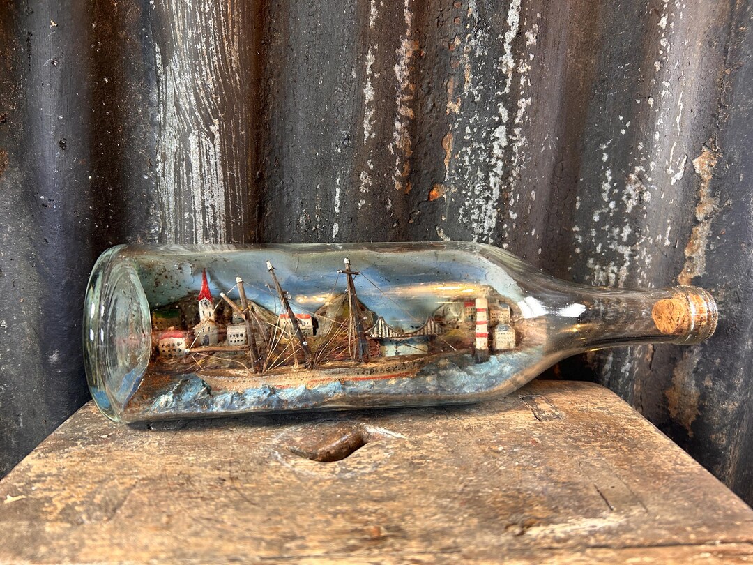 Antique / SHIP IN BOTTLE / Ship Diorama Model Ship Vintage Decor Beach House Ship in A Bottle ...