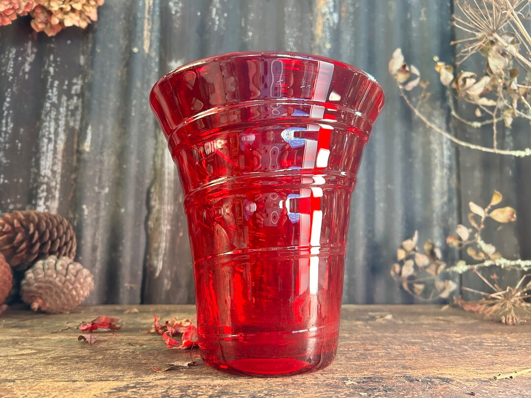 Large Whitefriars C1940 Ruby Red Ribbon Trailed Flared / BARNABY POWELL VASE / Whitefriars Glass ...
