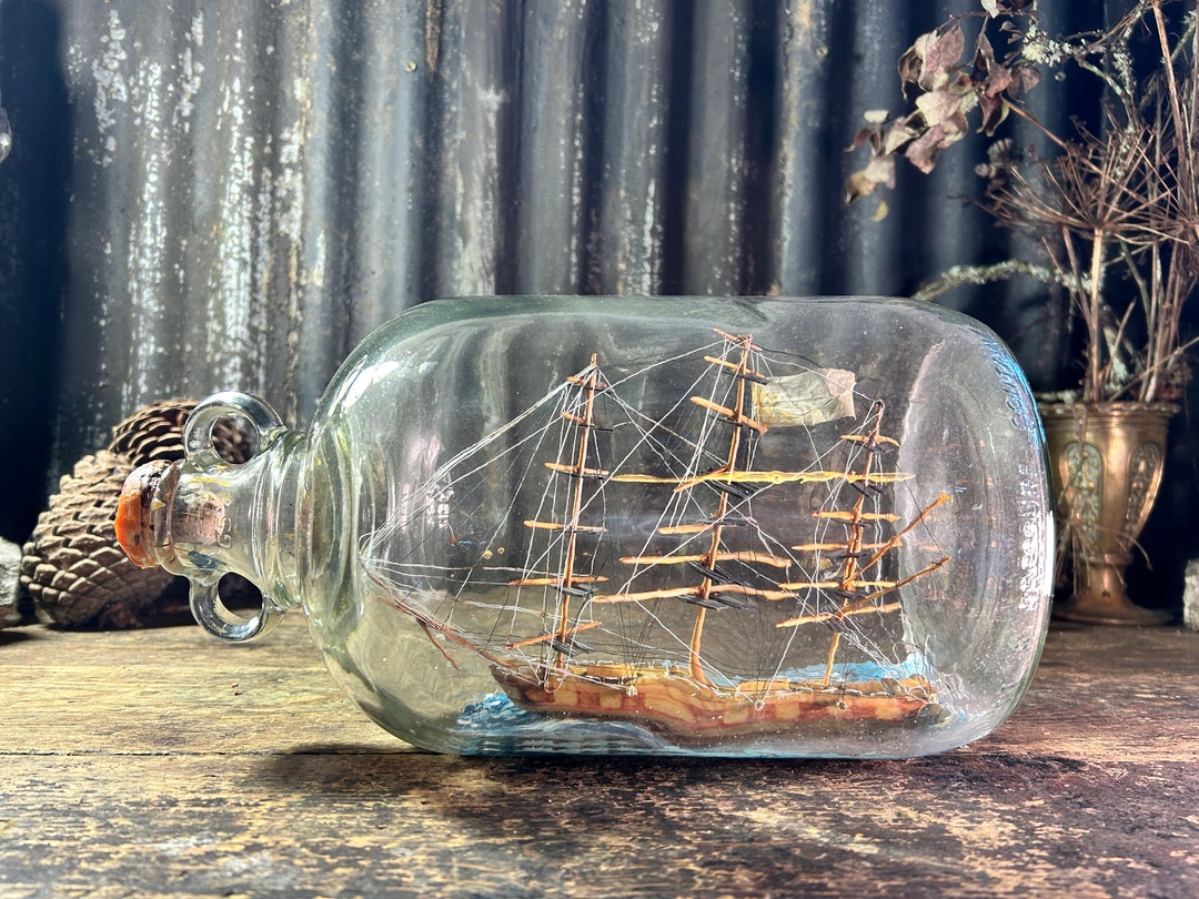 Antique / SHIP IN BOTTLE / Ship Diorama Model Ship Vintage Decor Beach House Ship in A Bottle ...