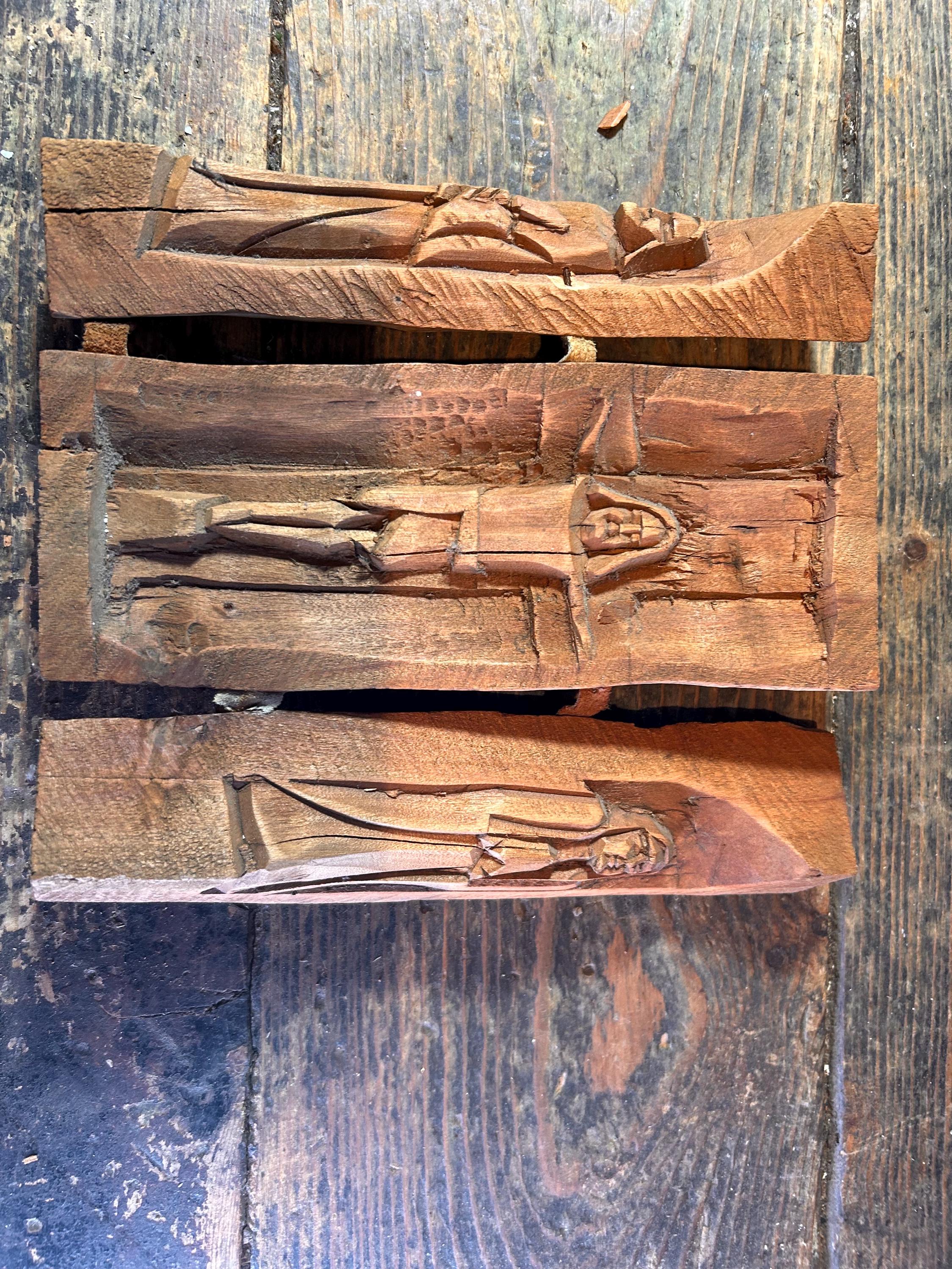 Antique 1920s Carved Wooden Log / RELIGIOUS TRIPTYCH / Devotional Art ...