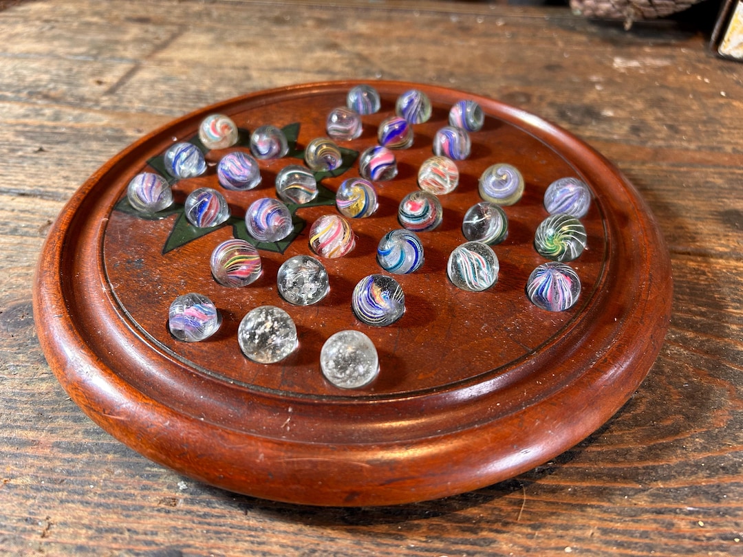 Antique 19th Century / MAHOGANY SOLITAIRE BOARD / With Glass Marbles ...