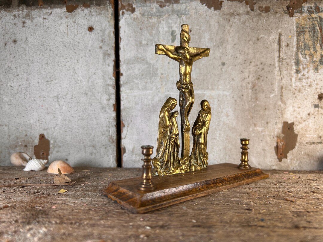 1930s Solid Brass and Wood / TABLETOP CRUCIFIX / Religious Decor ...