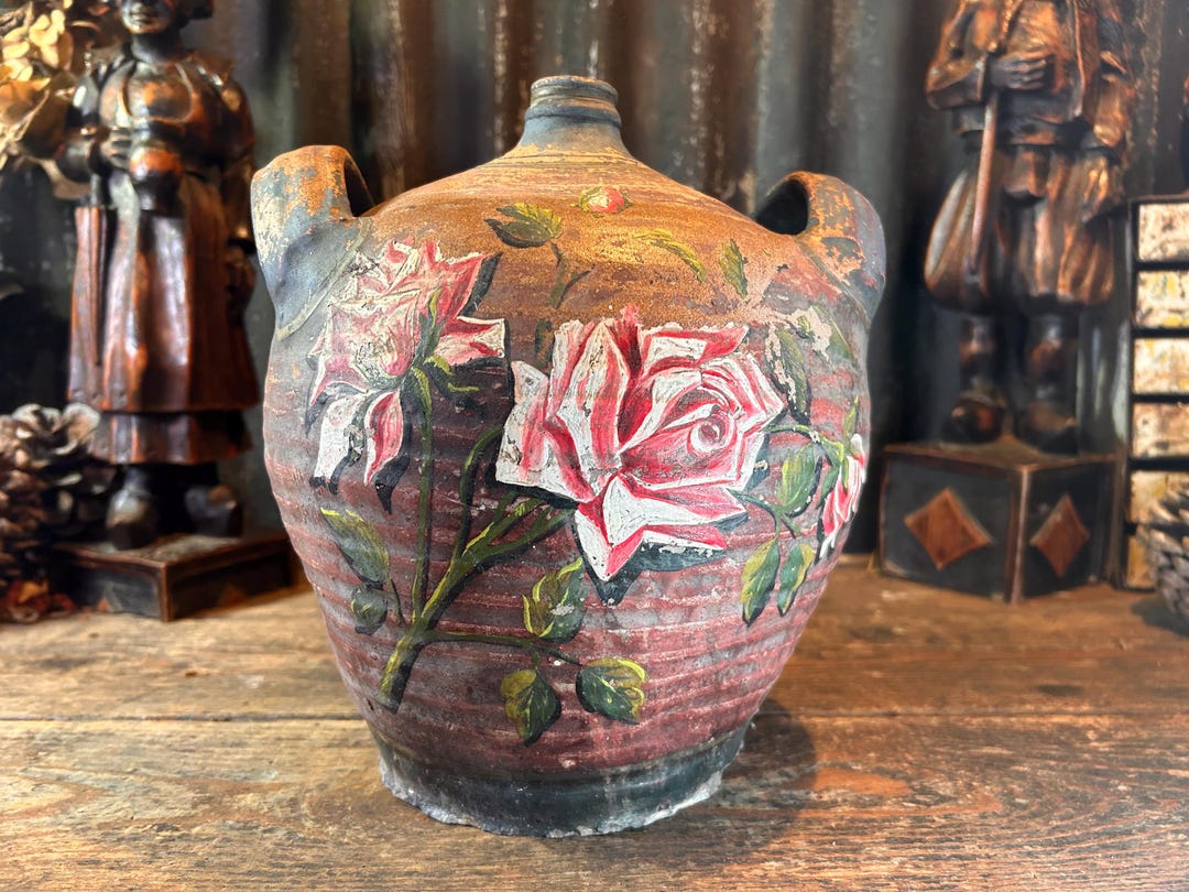 Beautiful Folk Art Floral Decorated Antique Earthenware French / OIL ...