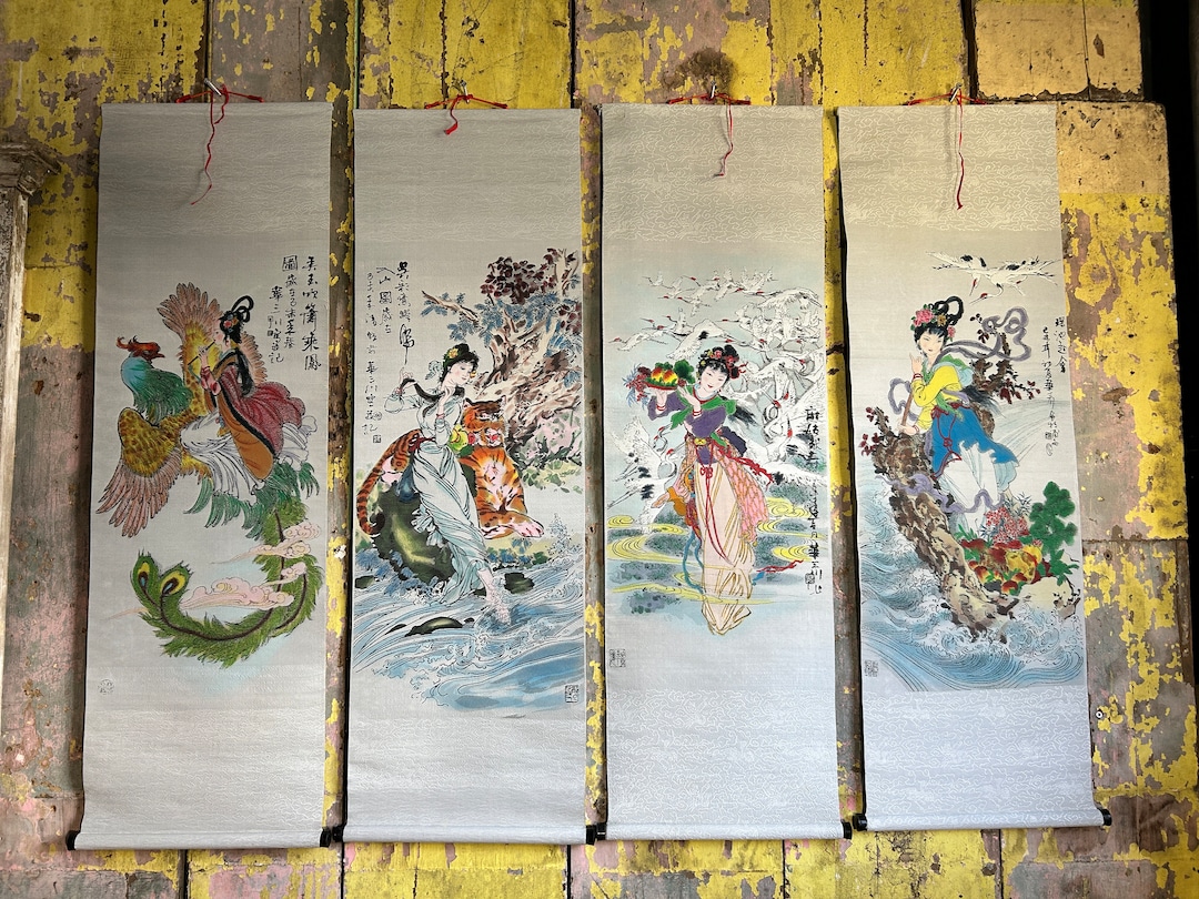 Set of Four Vintage / CHINESE SILK SCROLLS / Chinese Art Silk Weavers ...