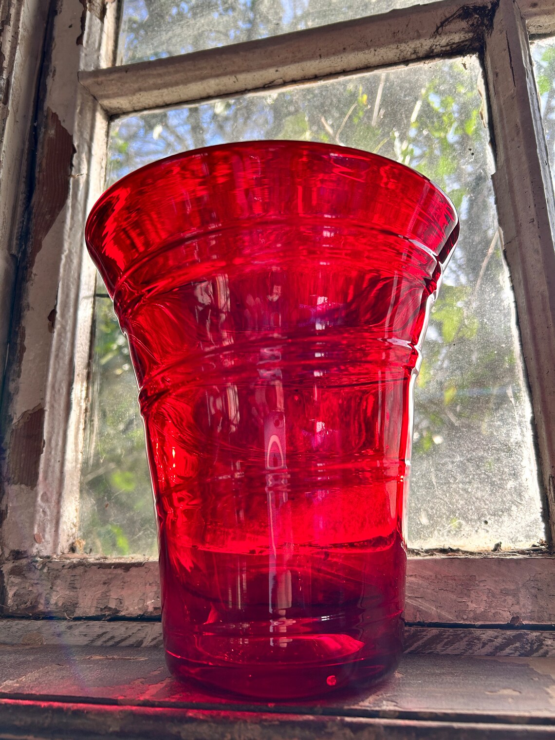 Large Whitefriars C1940 Ruby Red Ribbon Trailed Flared / BARNABY POWELL ...