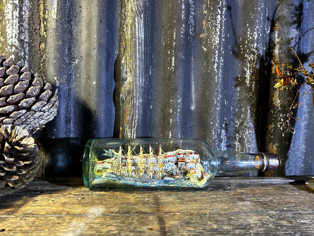 Antique / SHIP IN BOTTLE / Ship Diorama Model Ship Vintage Decor Beach House Ship in A Bottle ...