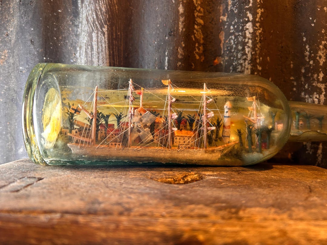 Vintage / SHIP IN BOTTLE / Ship Diorama Model Ship Vintage Decor Beach House Ship in A Bottle ...