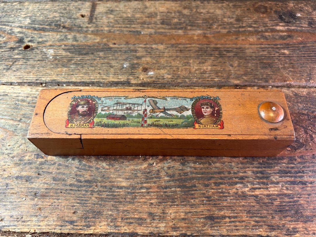 Antique Circa 1900 / WOODEN PENCIL CASE / Aviation Aeroplanes H Farman ...