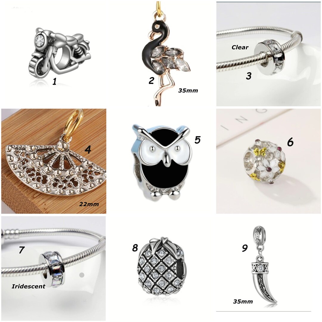 European Style Charm, Black, Silver, Flamingo, Owl, Fan, Pineapple ...