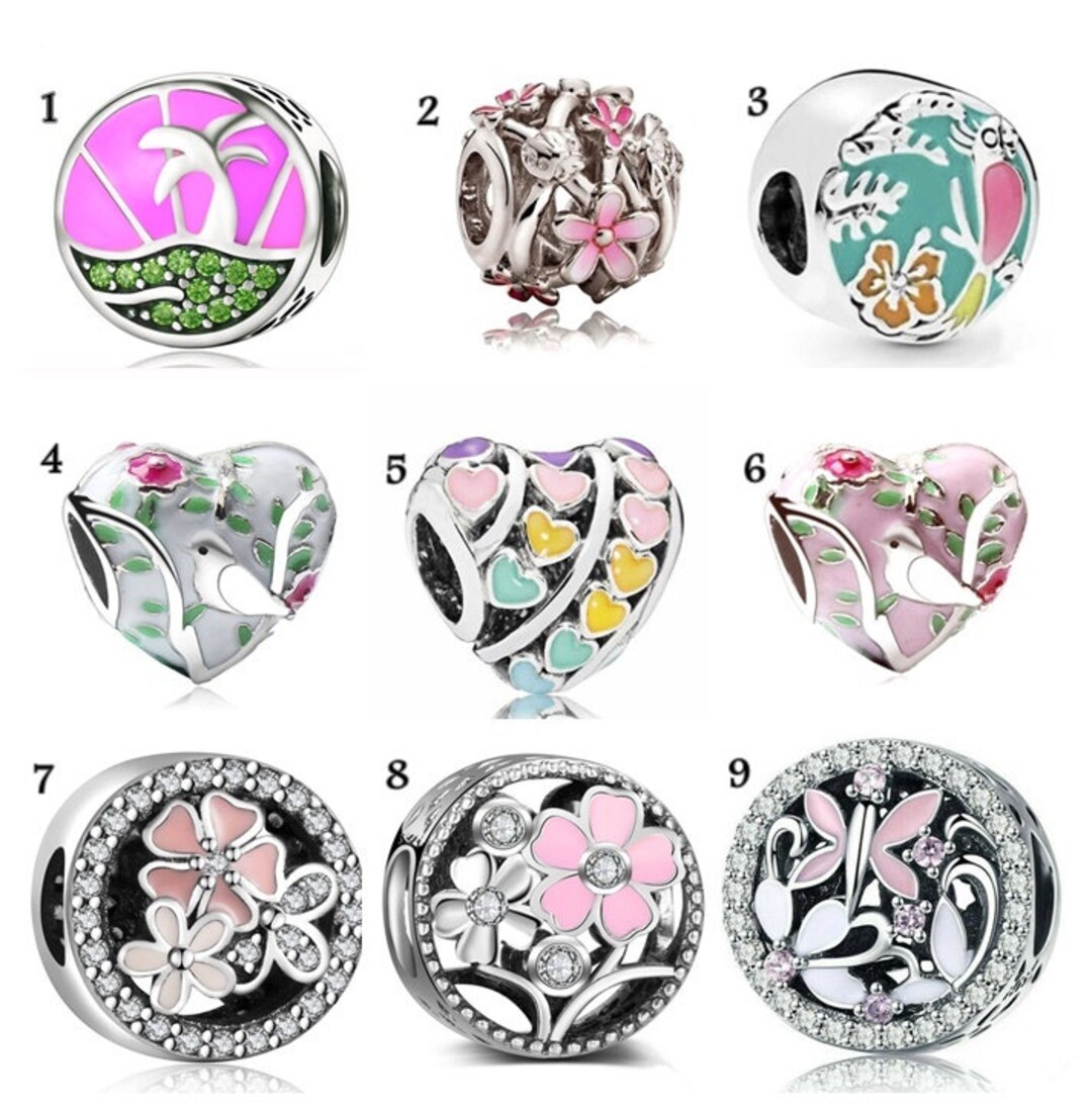 European Style Pink, Charm, Flower, Heart, Silver, Crystal, Charm. Fits ...