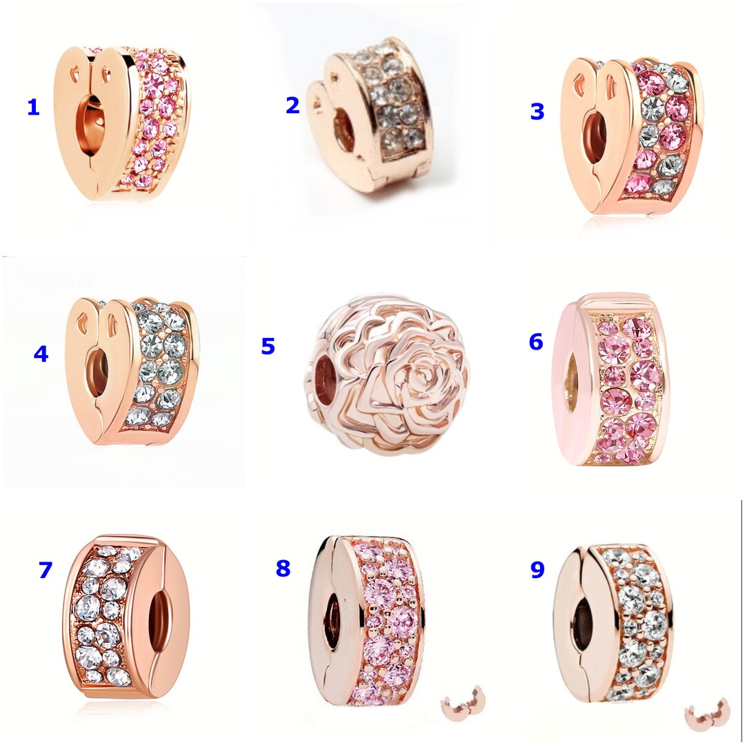 Pandora Style Clip Lock Charm, Rose Gold, Crystal, Pink, Heart, Round ...