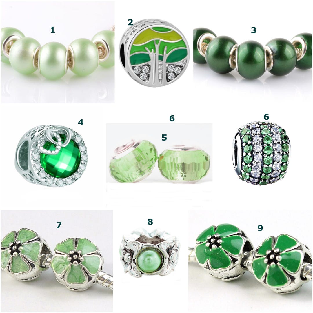 European Style Charm Green, Pearl Round, Green Glass, Murano, Flower ...