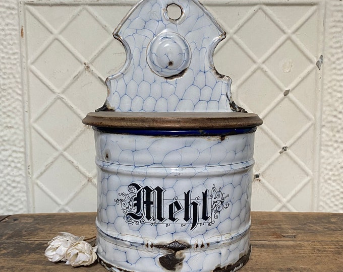Vintage Blue and White German Enamelware Flour Hanging Box, Marbled ...