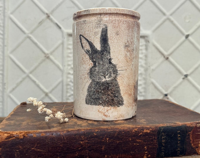 Antique Ironstone Maling Jam Crock Repurposed With New Bunny Transfer ...