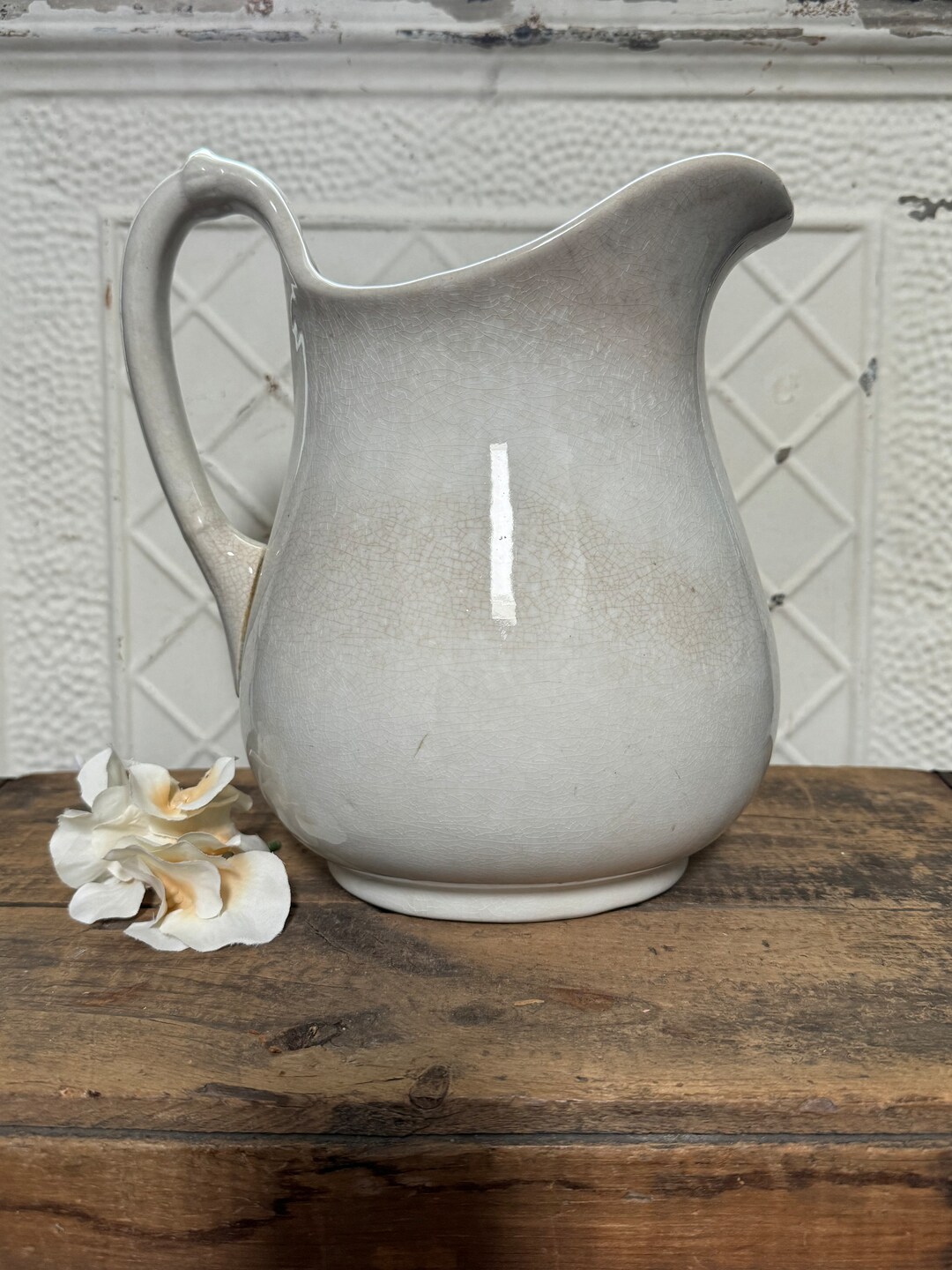 Large Antique Stained & Craze Ironstone Pitcher, Stamped Ironstone ...